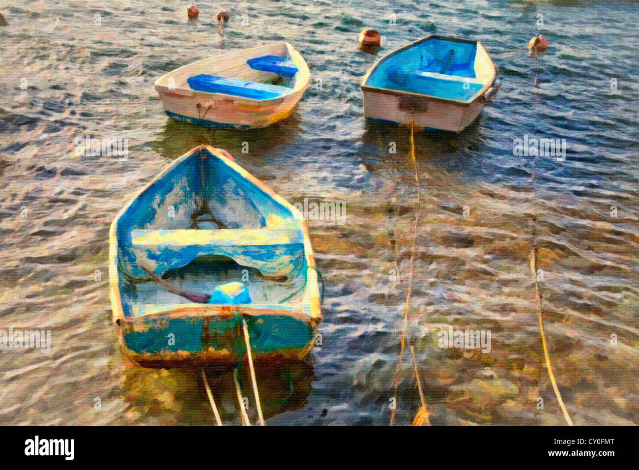 Weathered old fiberglass rowboats tied up in shallow water on the ...