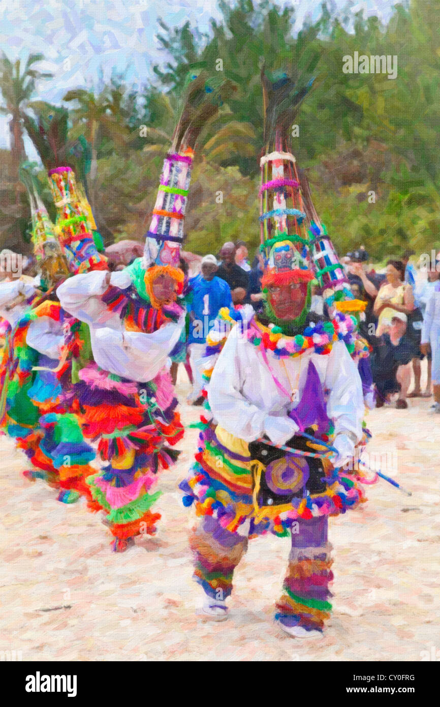 Gombey dancers dancing on the beach of Horseshoe Bay, Bermuda Stock ...