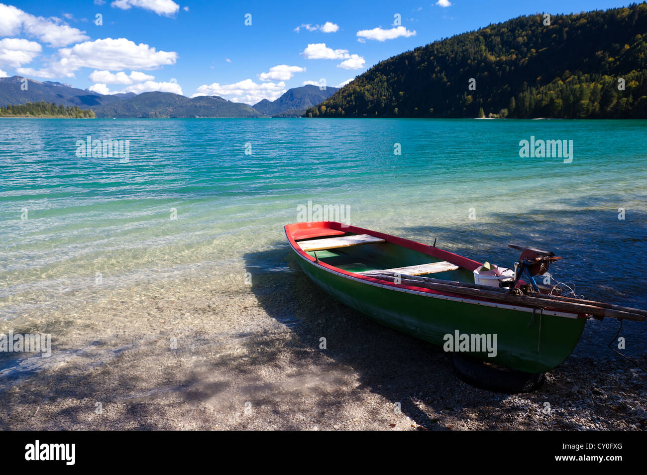 Wooden boat on Walchensee lake in Bavarian Alps Stock Photo - Alamy