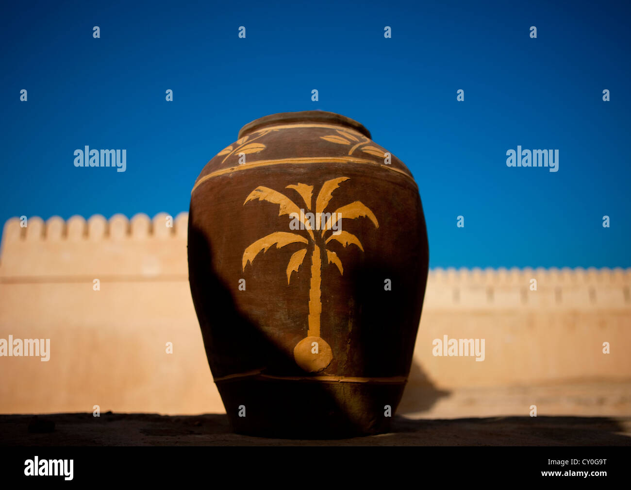 Pot With Palm Trees Shaped Decoration In Sineslah Fort, Sur, Oman Stock ...