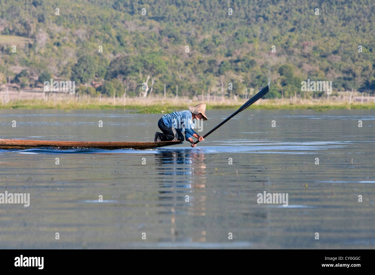 Myanmar, Burma. Fisherman Slapping the Water with his Paddle to Stun ...