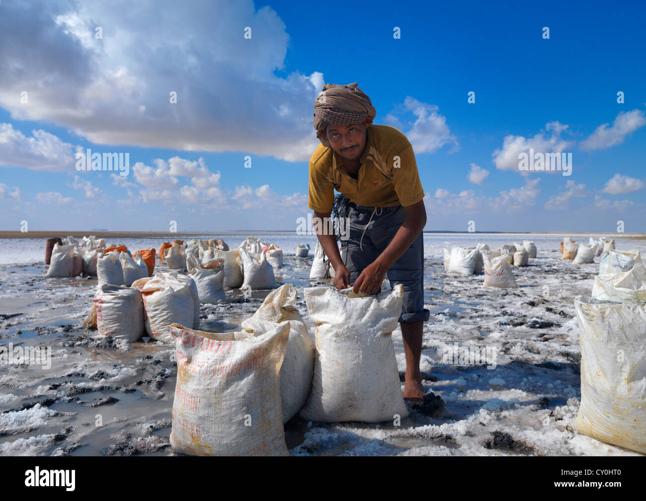 Man Collecting Salts In Barr Al Hikman Salt Lake, Oman Stock Photo - Alamy