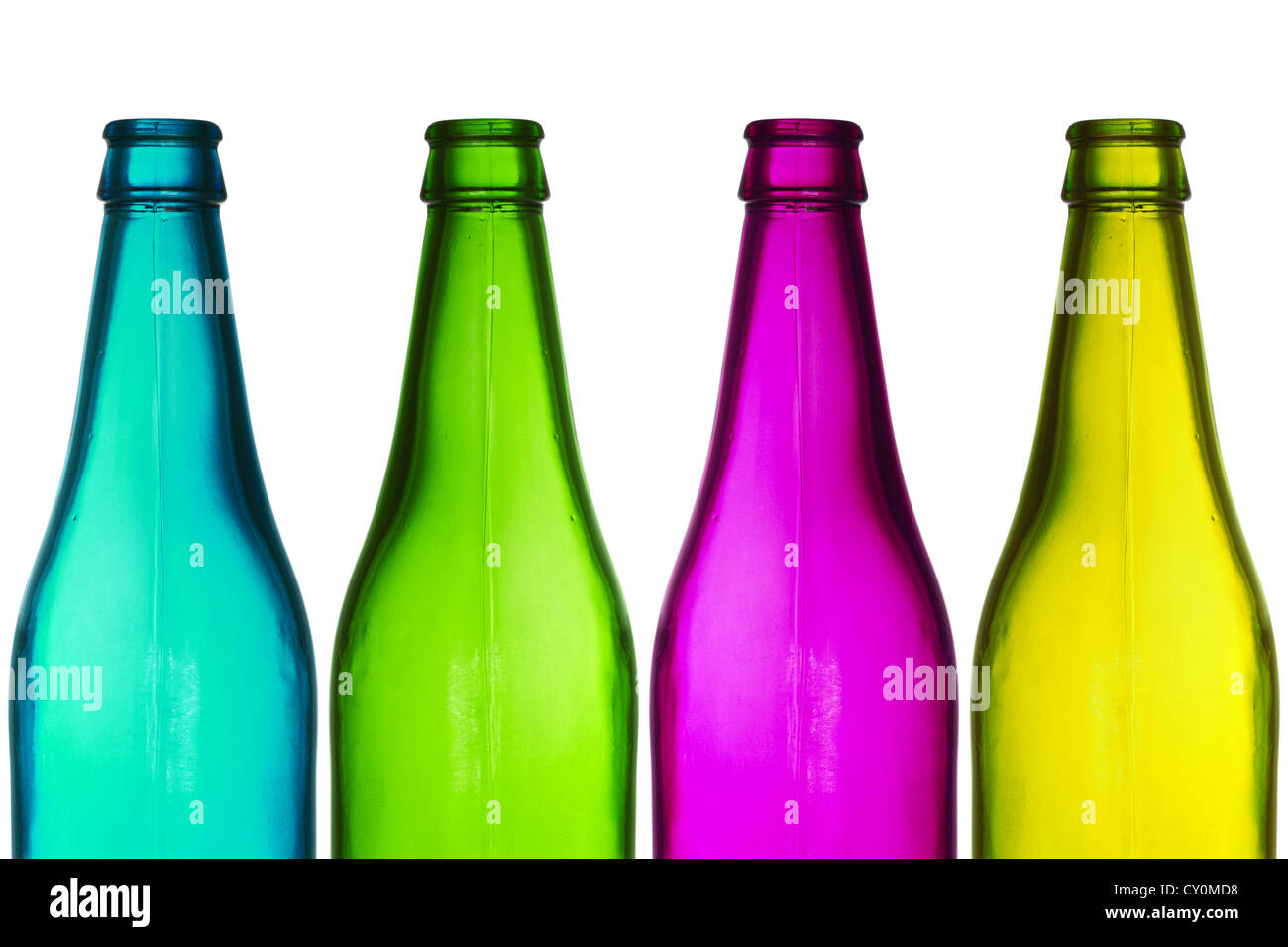 four color bottles isolated over white background Stock Photo - Alamy