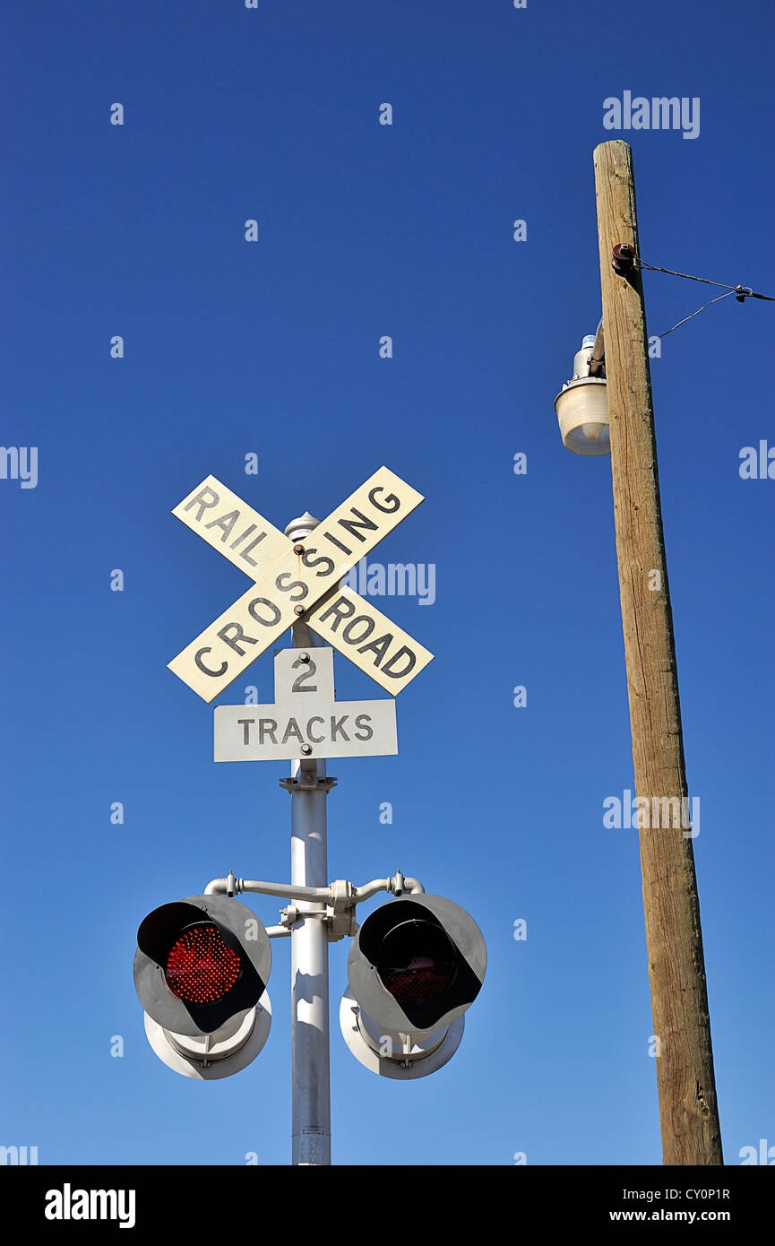 Rail Crossing Sign with red lights, United States of America Stock ...