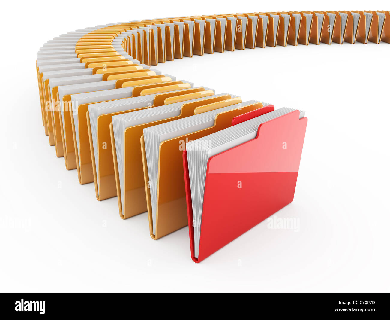 3d illustration of folder row with red one. Isolated on white ...
