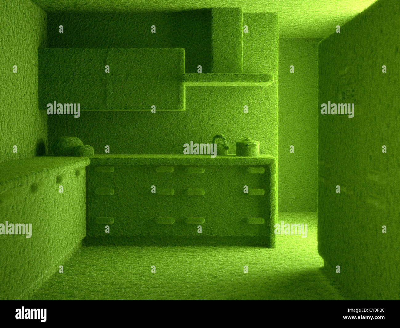 3d render of green grass kitchen concept Stock Photo - Alamy