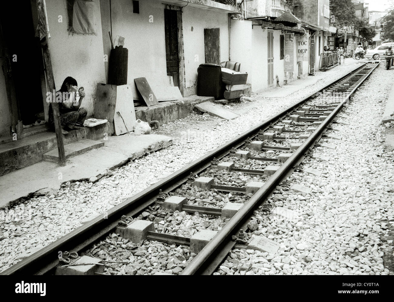 Life beside the train tracks in Old City of Hanoi in Vietnam in Far ...