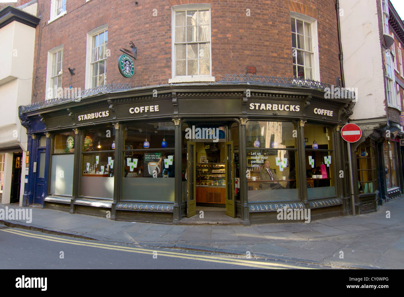 Starbuck's on Stonegate in York with a no entry sign to the right on ...
