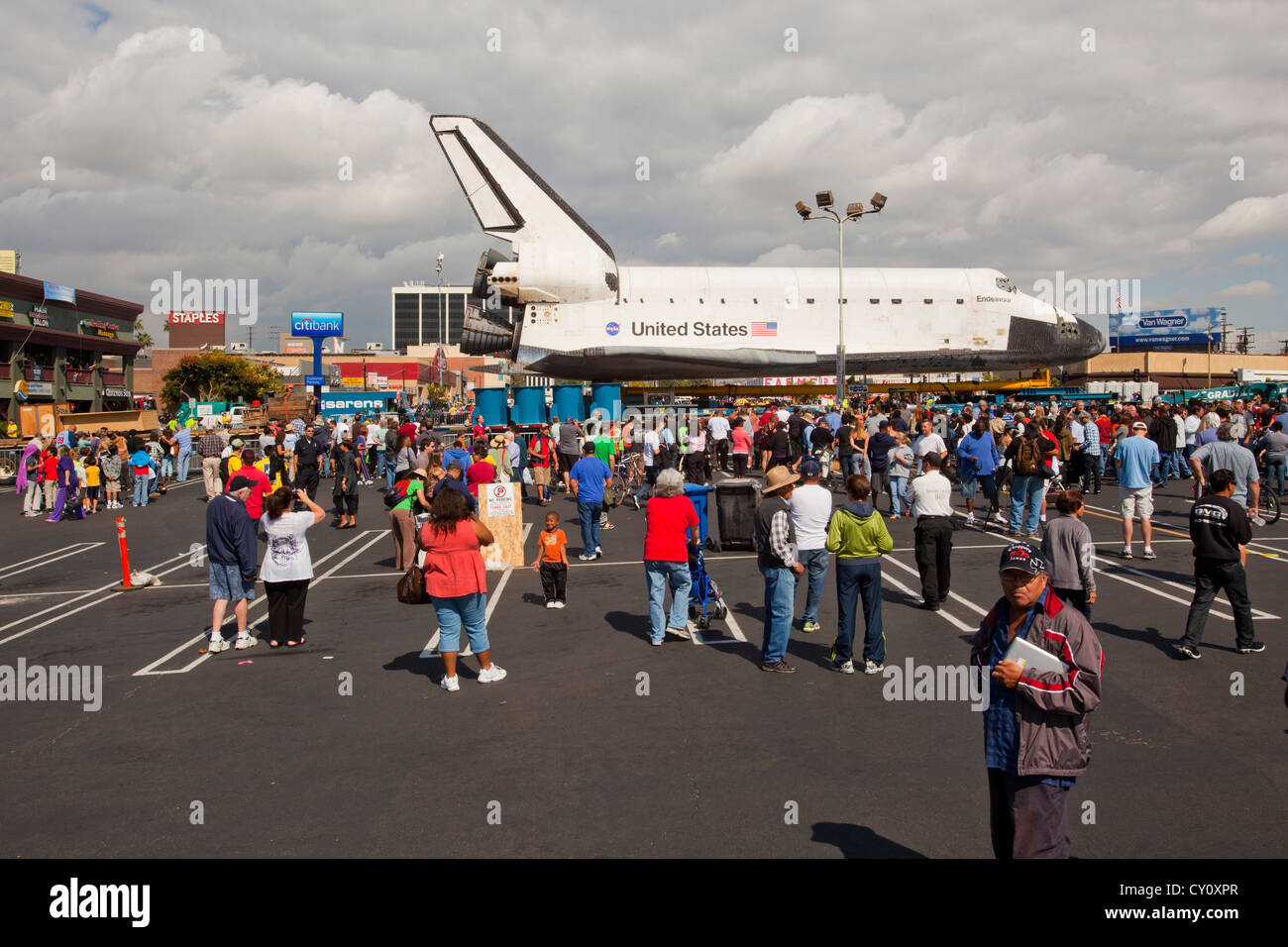 Space Shuttle Endeavor in a parking lot for public viewing on Oct 12 ...