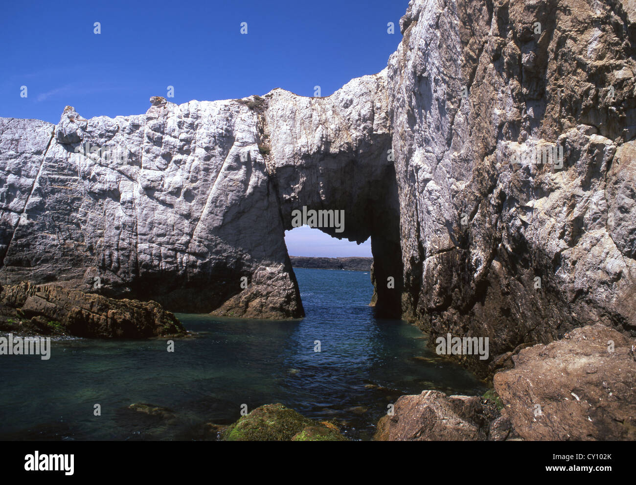 Bwa Gwyn (White Arch) Natural rock arch on coast of Holy Island Near ...