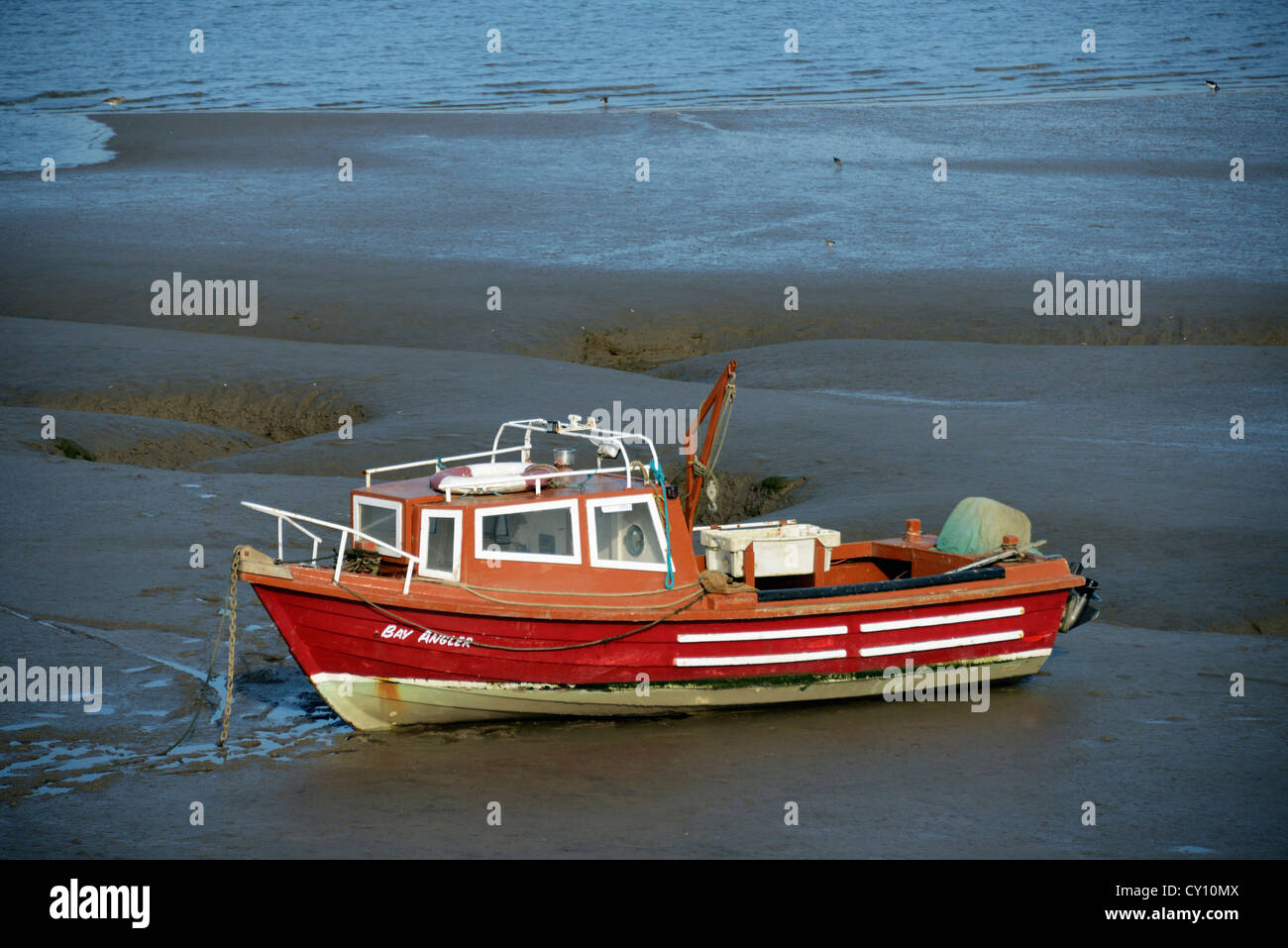 'BAY ANGLER', beached fishing boat. Morecambe Bay, Lancashire, England ...