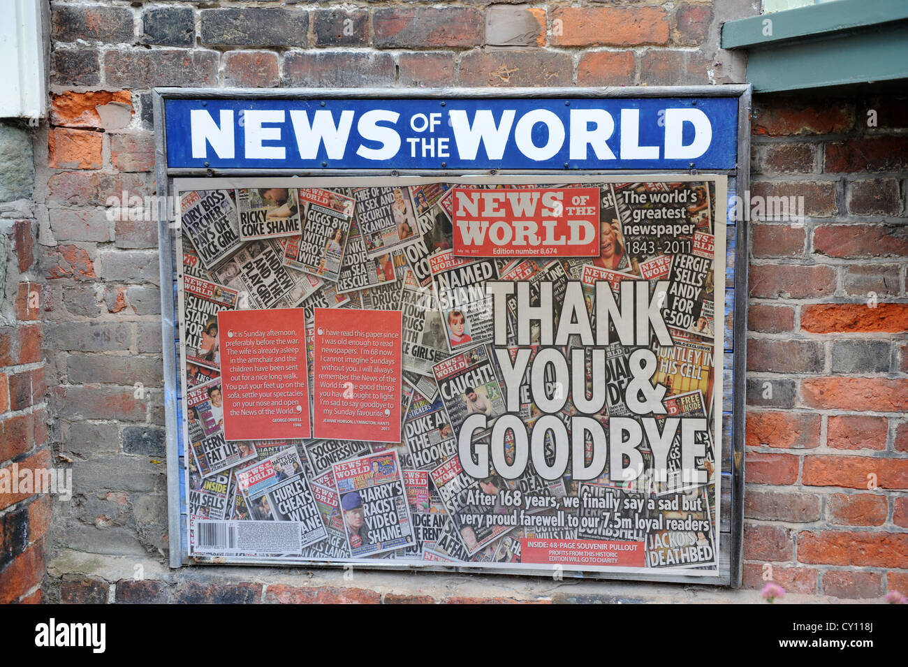 News of the World newspaper placard board final edition Stock Photo - Alamy