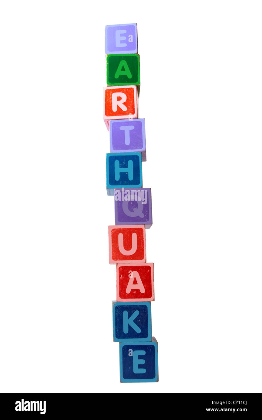 toy letters that spell earthquake against a white background with ...