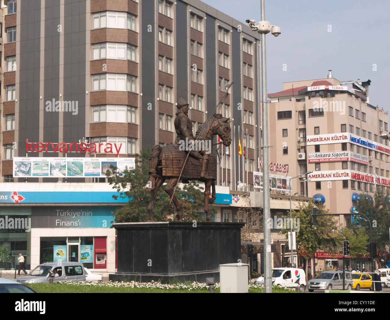 statue of old ottoman soldier in an intersection in Bursa Turkey Stock ...