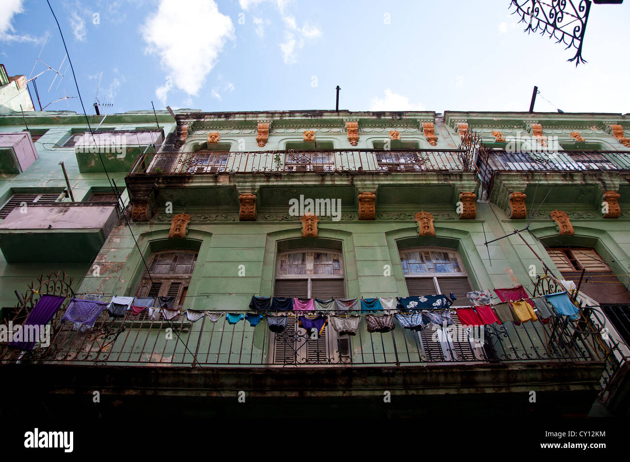 Typical flat of Havana, Cuba with laundry hanging from the balcony ...