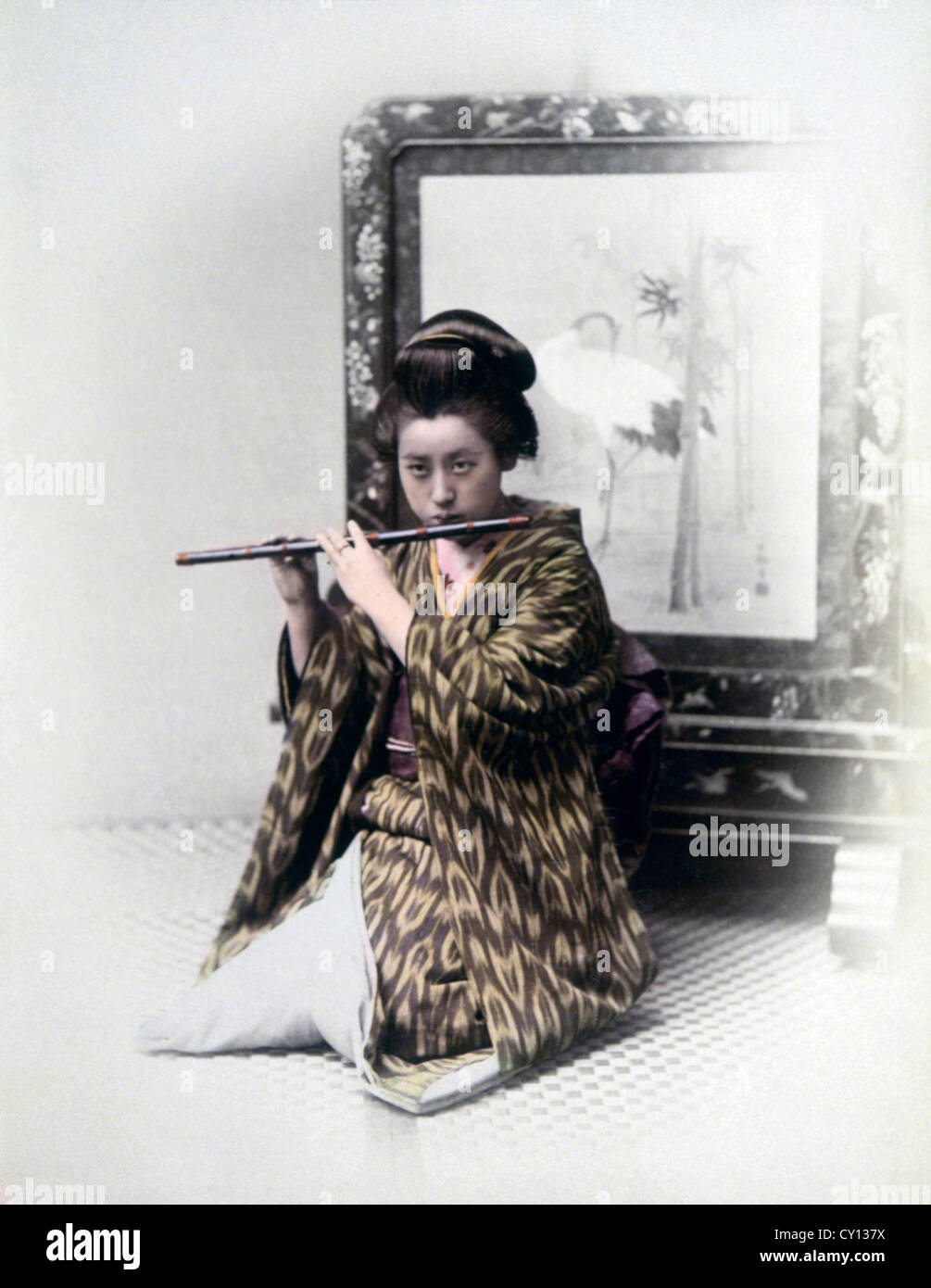 Japanese Female Flute Player, Hand Colored Albumen Photograph, Circa ...
