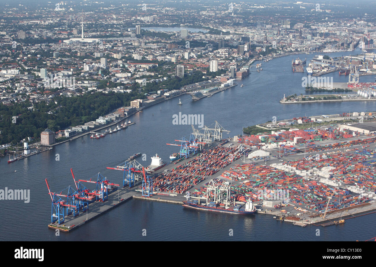 Aerial view of the port of Hamburg looking up the river Elbe across the ...
