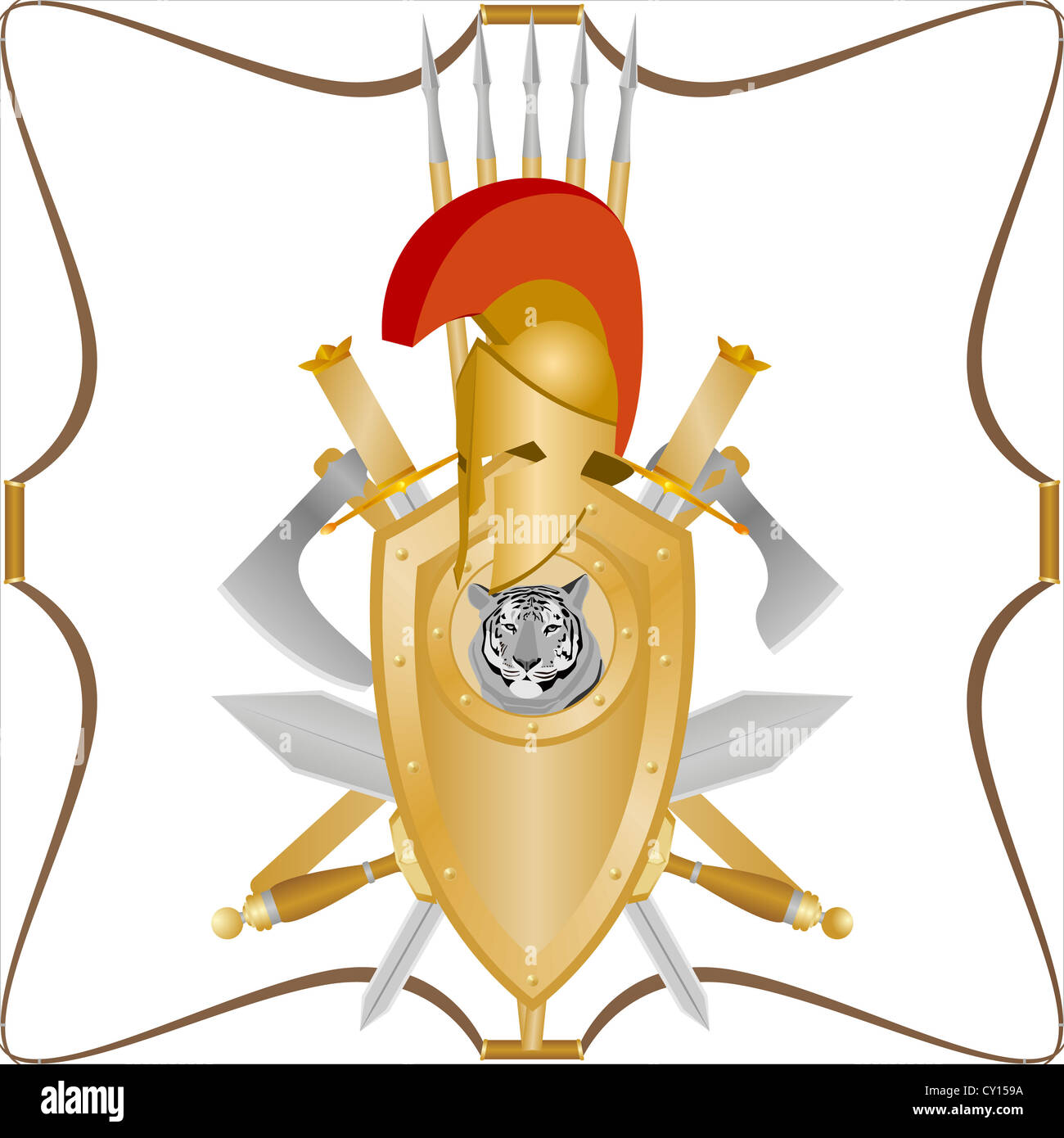 Weapon and armor of the ancient soldier. An illustration on a white ...