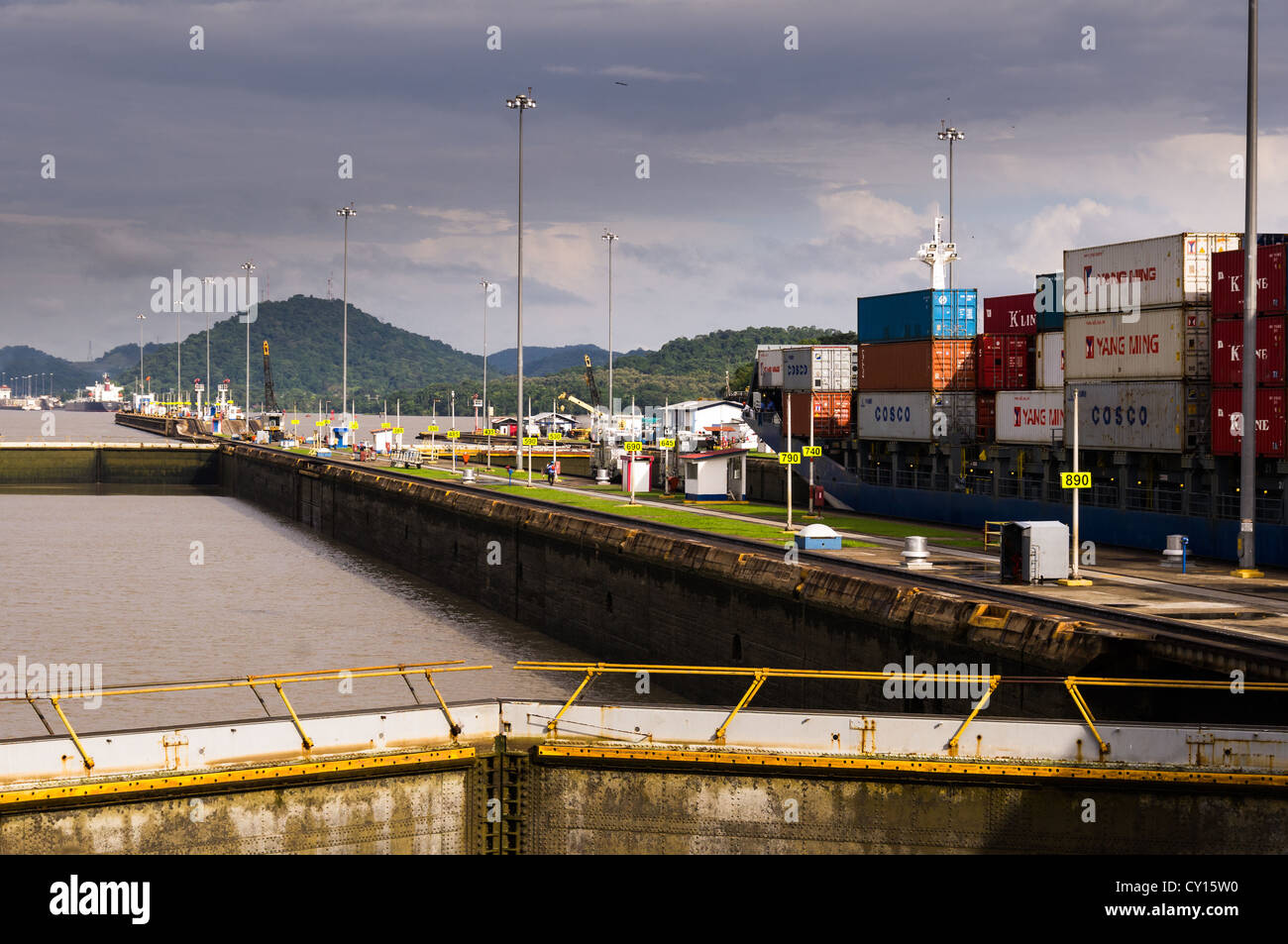 Panama Panama Canal A container ship transiting the Miraflores Locks of ... Panama Panama Canal A container ship transiting the Miraflores Locks of ...
