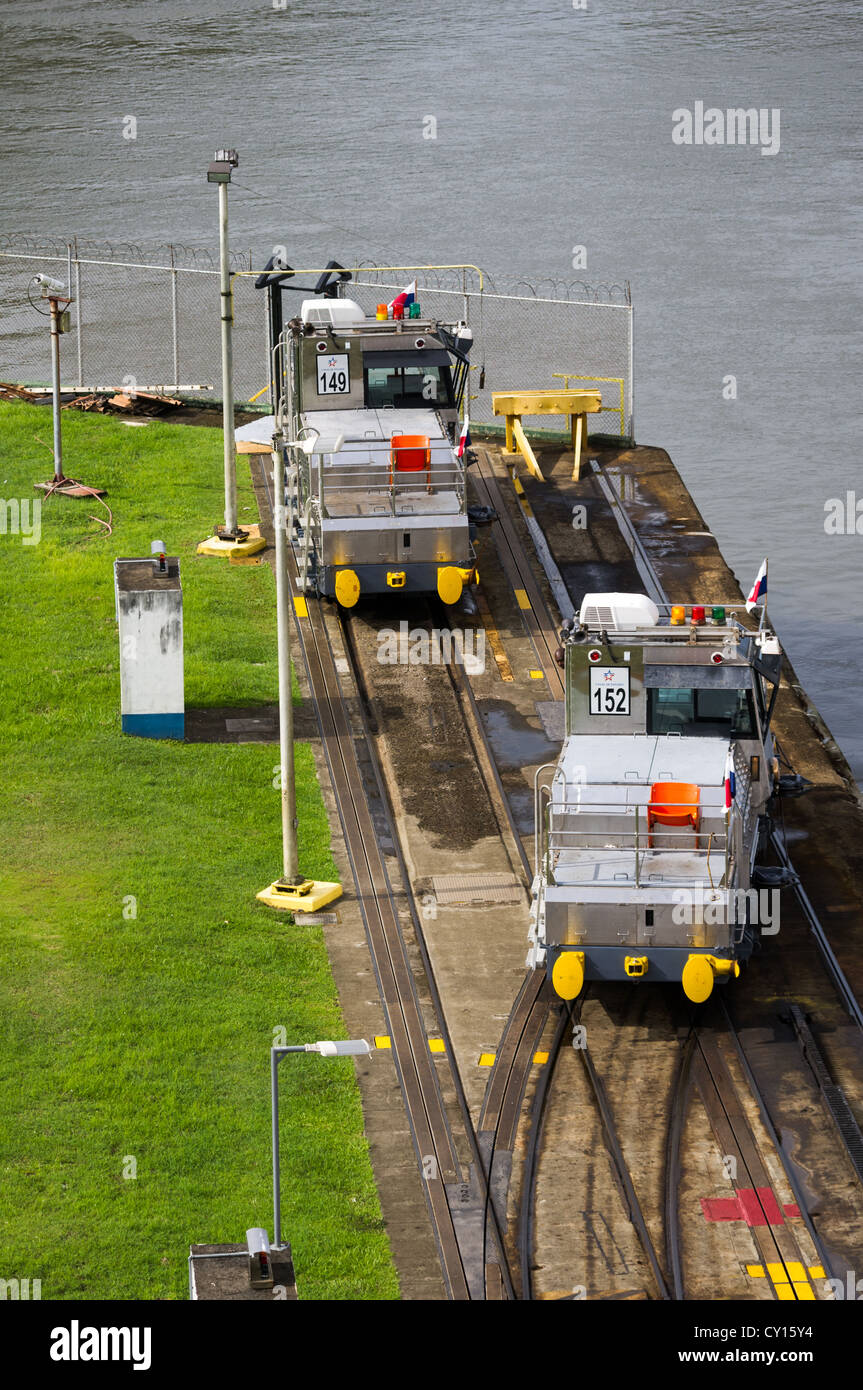 Panama Panama Canal Two electric mules at the end of the track wait to ...