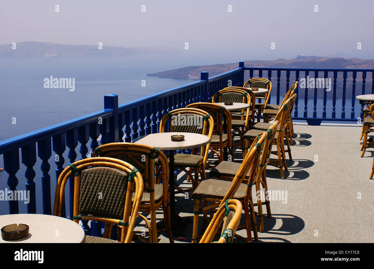 Beautiful cafeteria at the beach, on Santorini island, Greece Stock ...