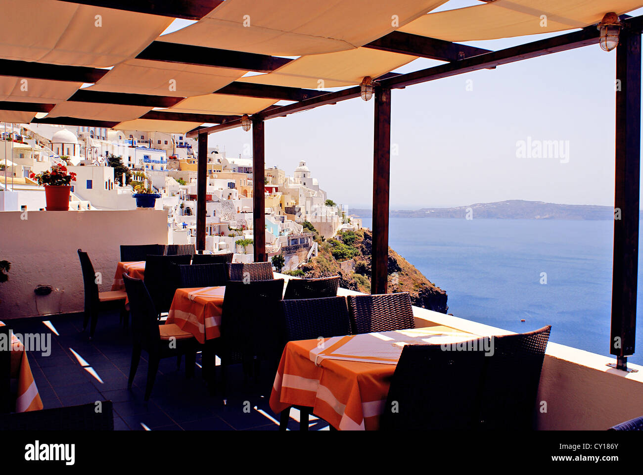 Beautiful cafeteria at the beach, on Santorini island, Greece Stock ...