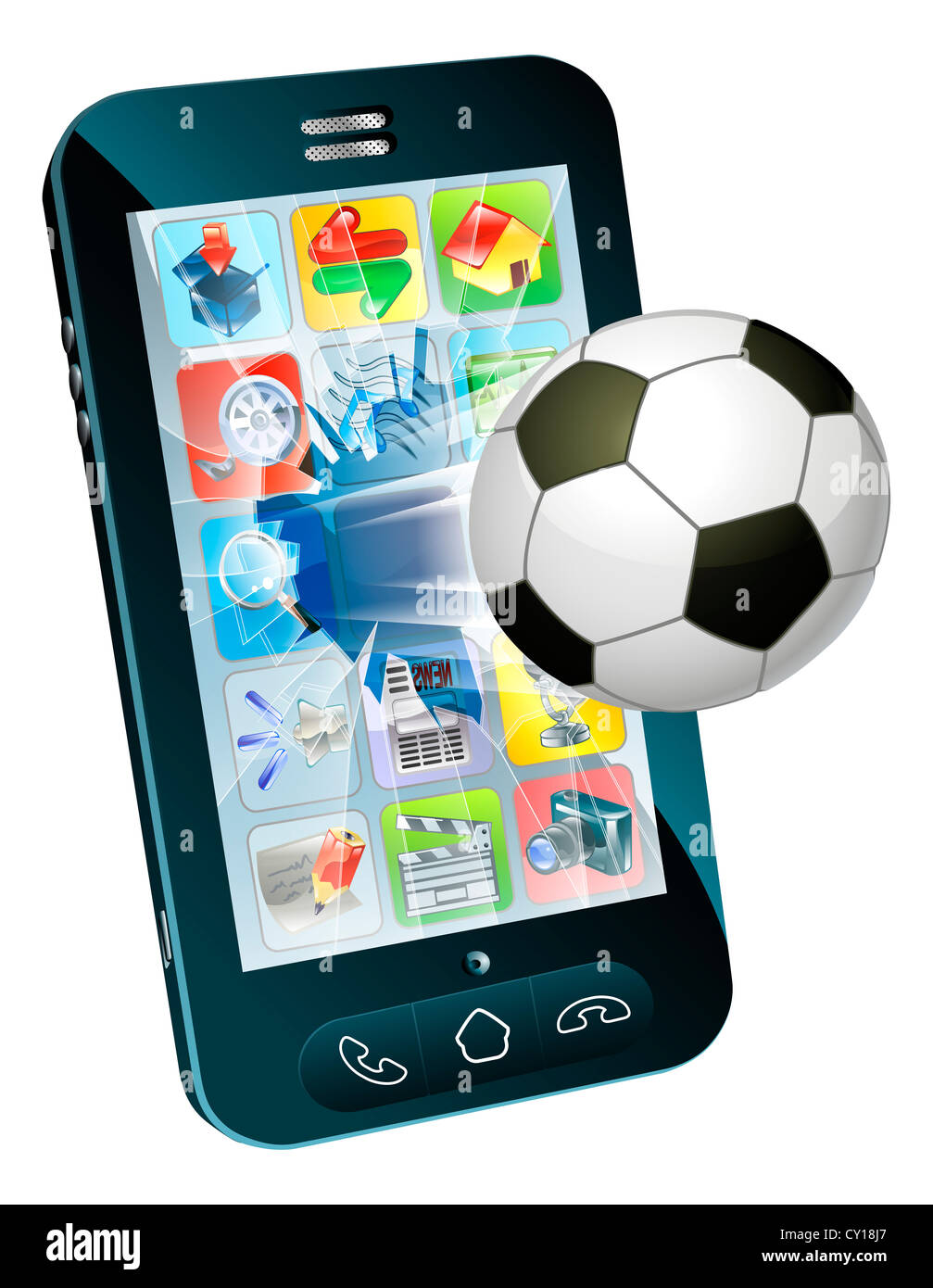Illustration of an soccer ball flying out of cell phone screen Stock ...