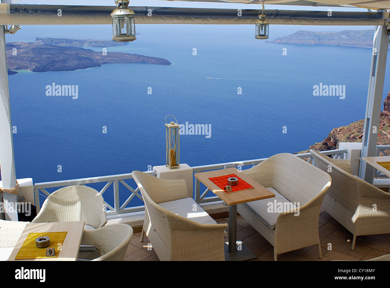 Beautiful cafeteria at the beach, on Santorini island, Greece Stock ...