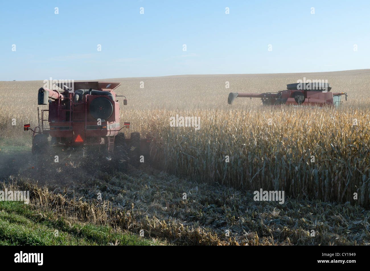 Two Tractors Harvesting American Field Stock Photo - Alamy