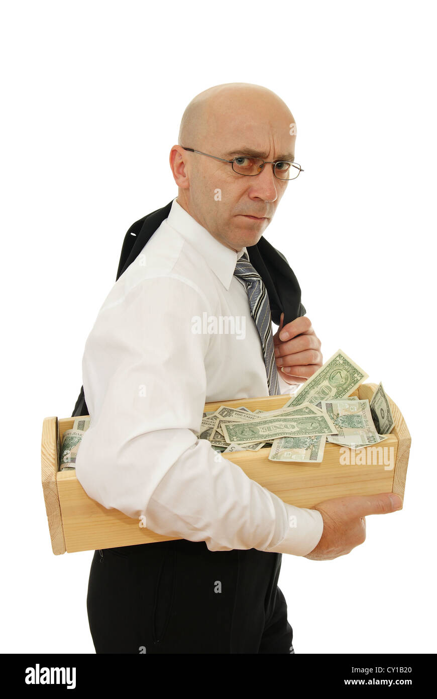 man steals the money with trough on white background Stock Photo - Alamy
