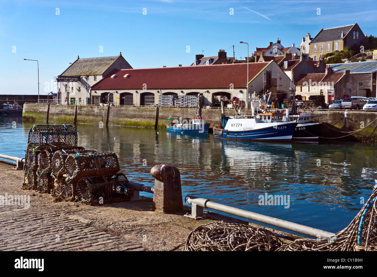View across Pittenweem harbour in Fife Scotland towards the Fish Market ...