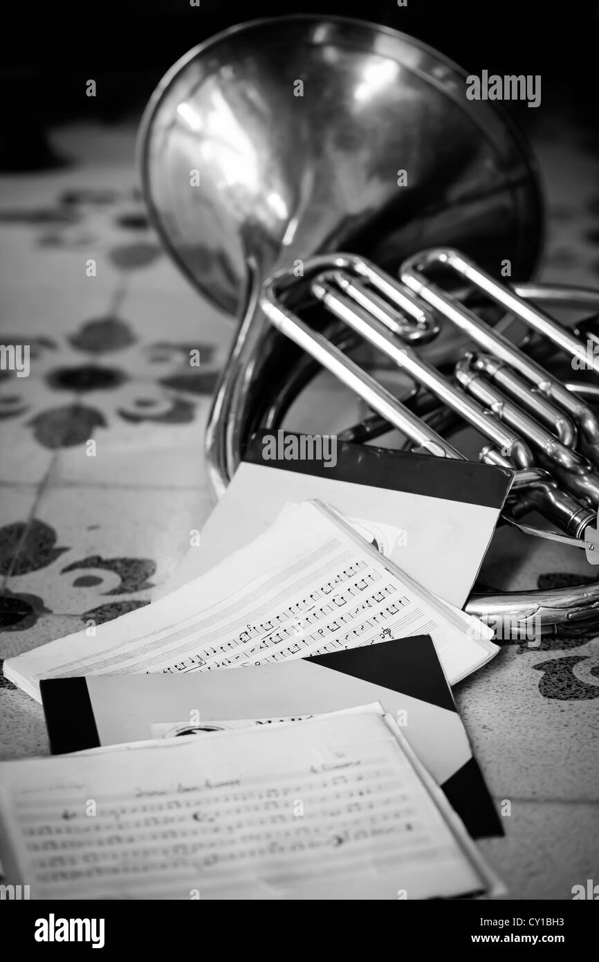 Sheet music and horn at the Bottegin Palazzo band club, Rabat, Malta ...