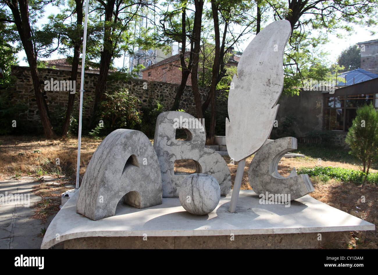ABC Sculpture Outside the First Albanian School in Korce Stock Photo ...