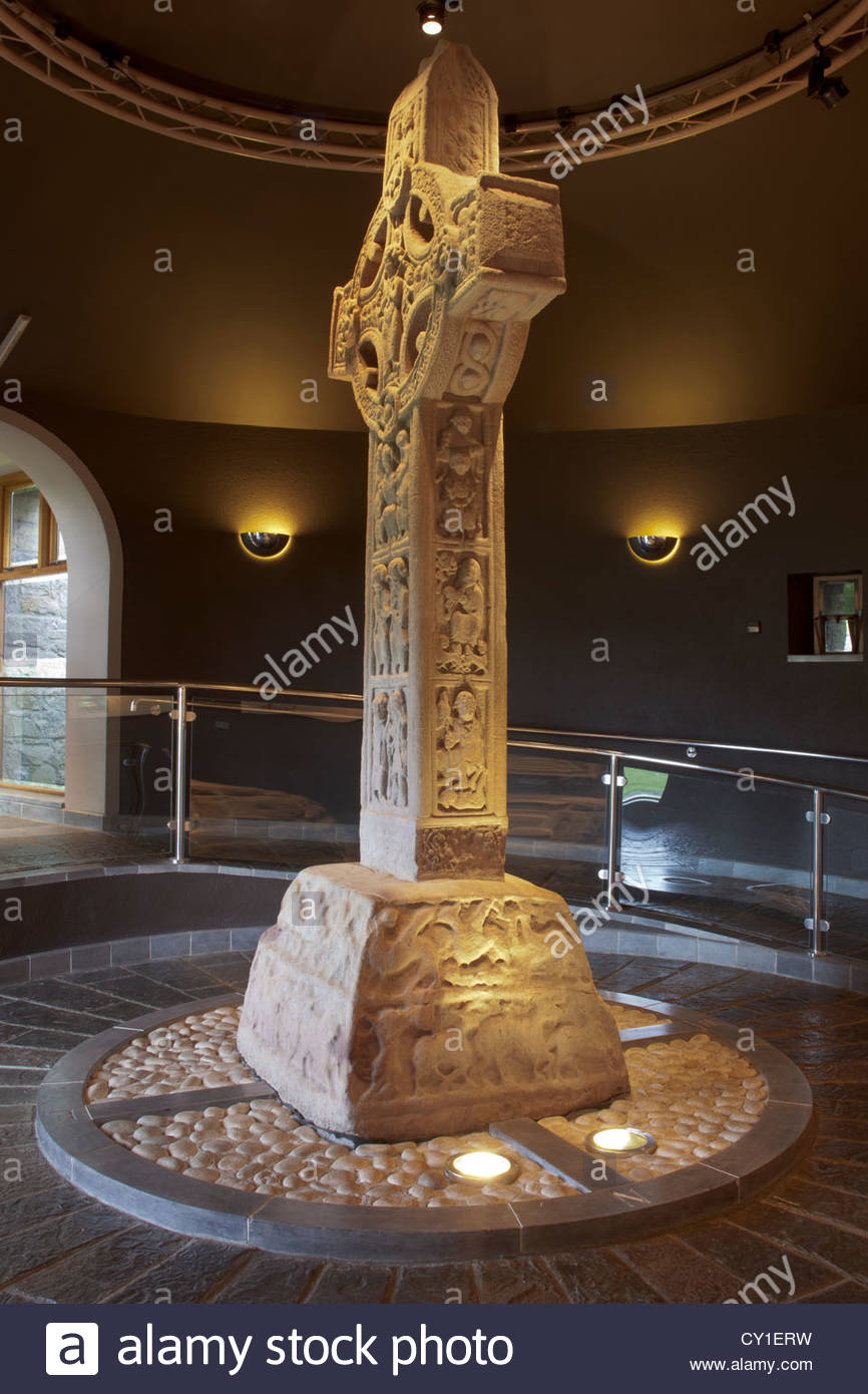 9th century Celtic High Cross at the Visitor Center, Clonmacnoise Stock ...