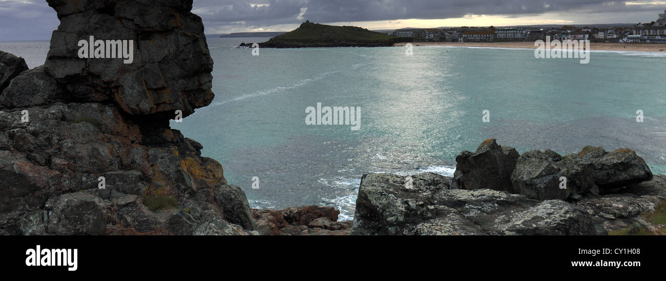 Landscape view over Clodgy Point, Porthmeor beach, St Ives, Cornwall ...