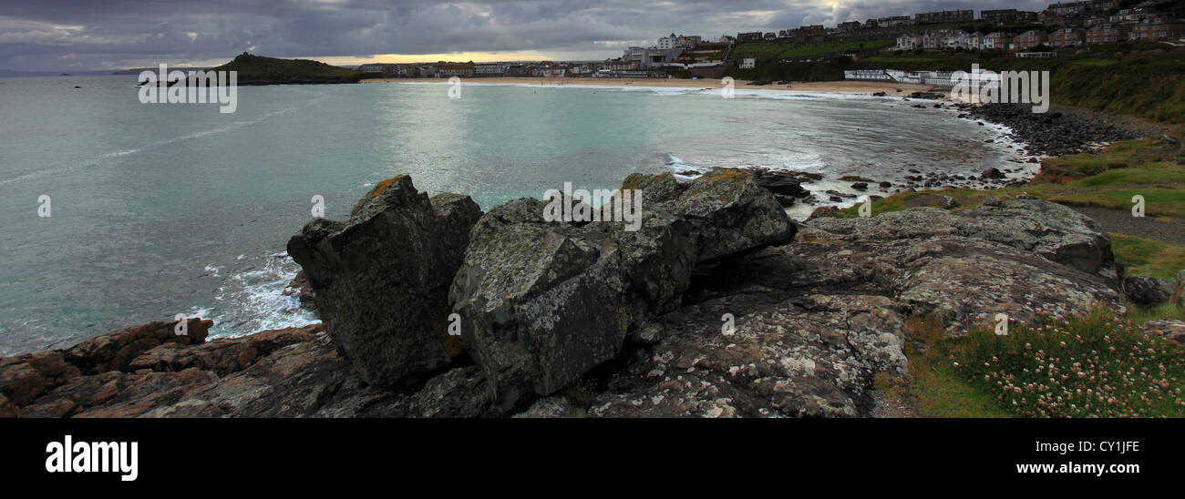 Landscape view over Clodgy Point, Porthmeor beach, St Ives, Cornwall ...