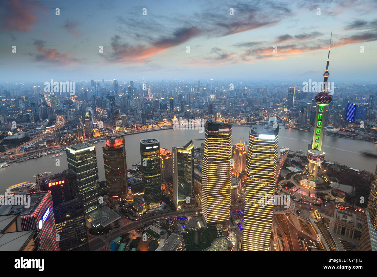 aerial view of shanghai at evening with sunset glow from jinmao ...