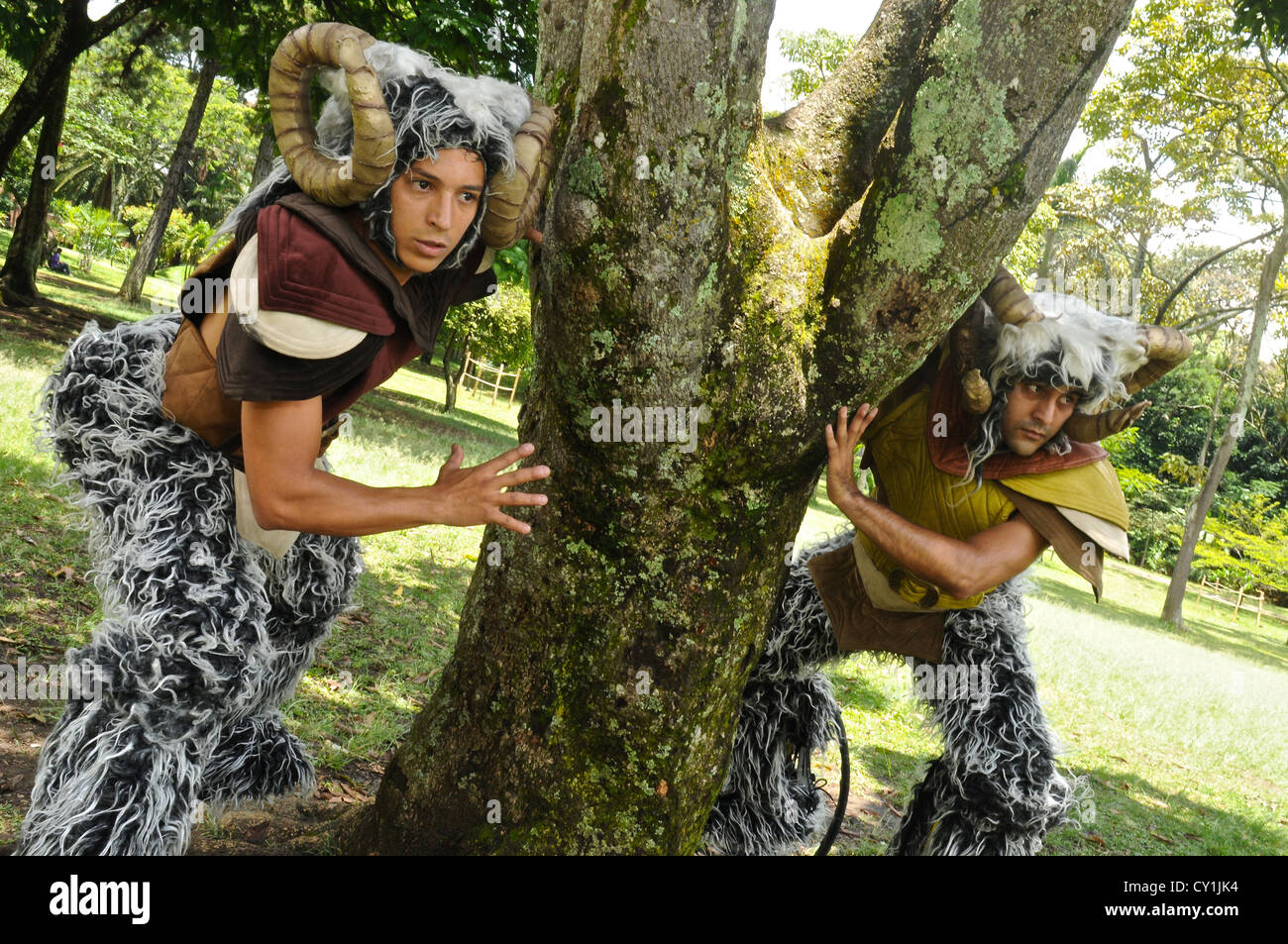 Actors hiding behind a tree Stock Photo - Alamy