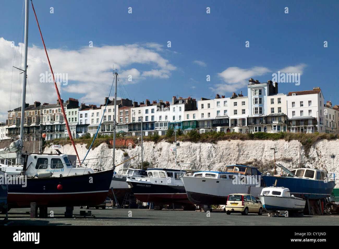 Boat Yard, at Ramsgate Harbour,Kent. The Royal Parade can be seen above ...