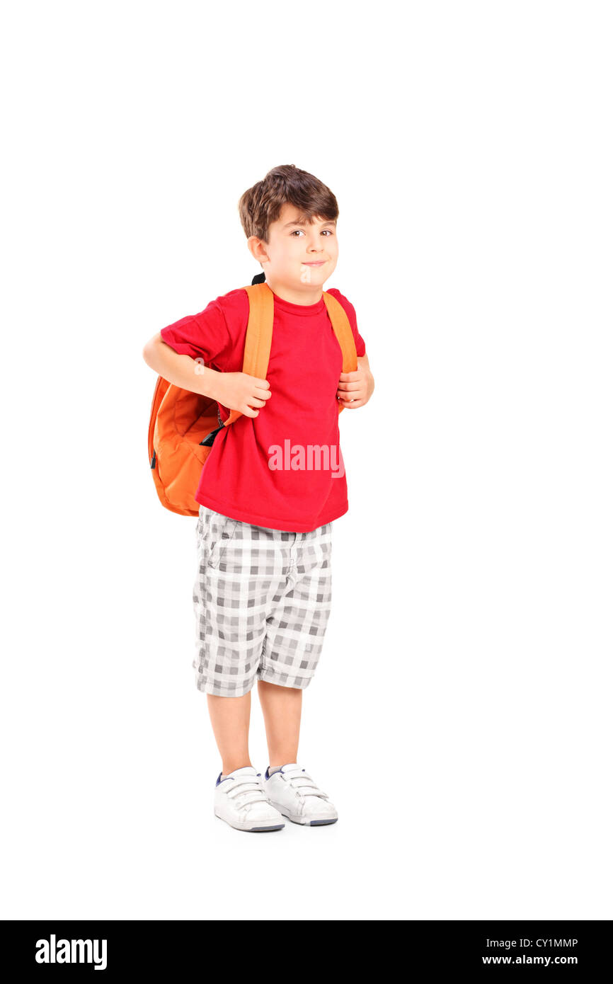 Full length portrait of a school child with a backpack posing isolated ...