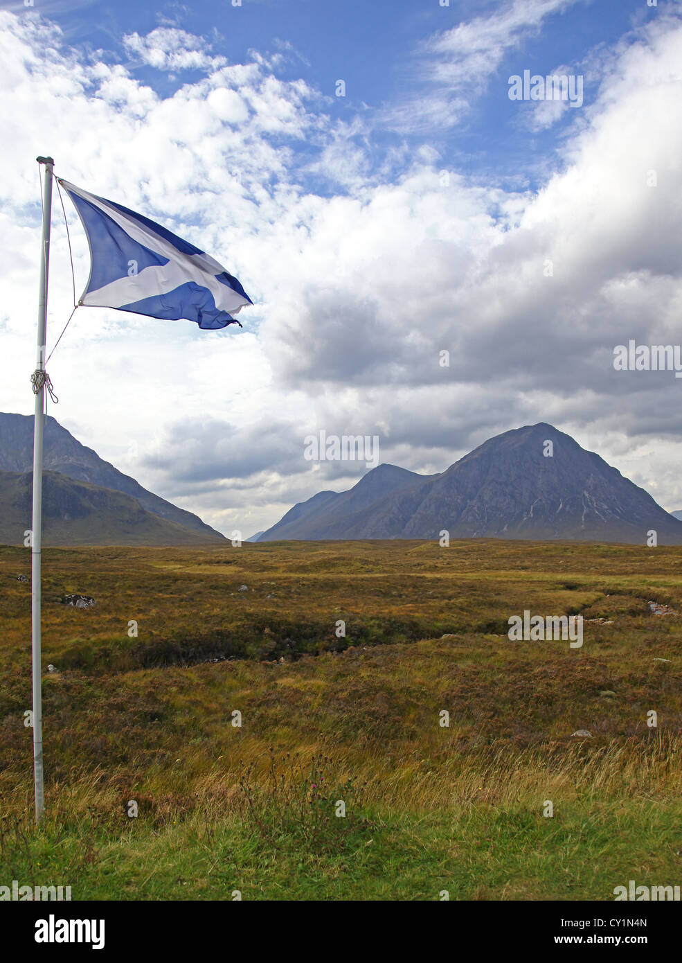 The Saltire or flag of Scotland with Stob Dearg and Buachaille Etive ...