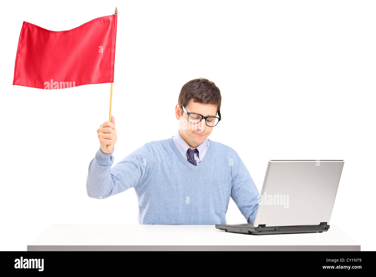 Sad man waving a red flag gesturing defeat isolated on white background ...