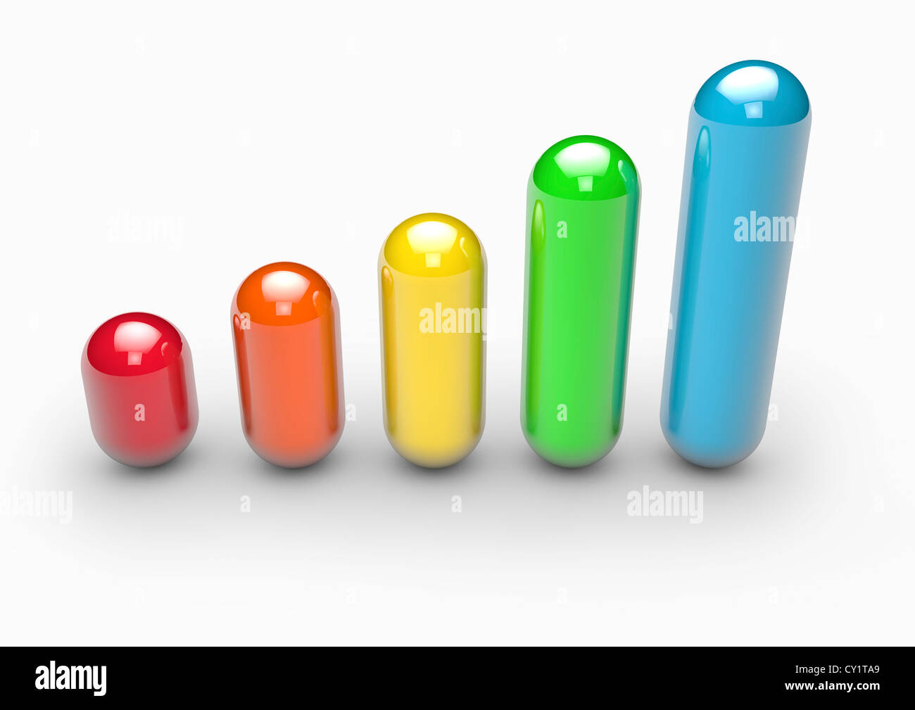 Series of shiny multi coloured capsules forming an ascending bar graph ...
