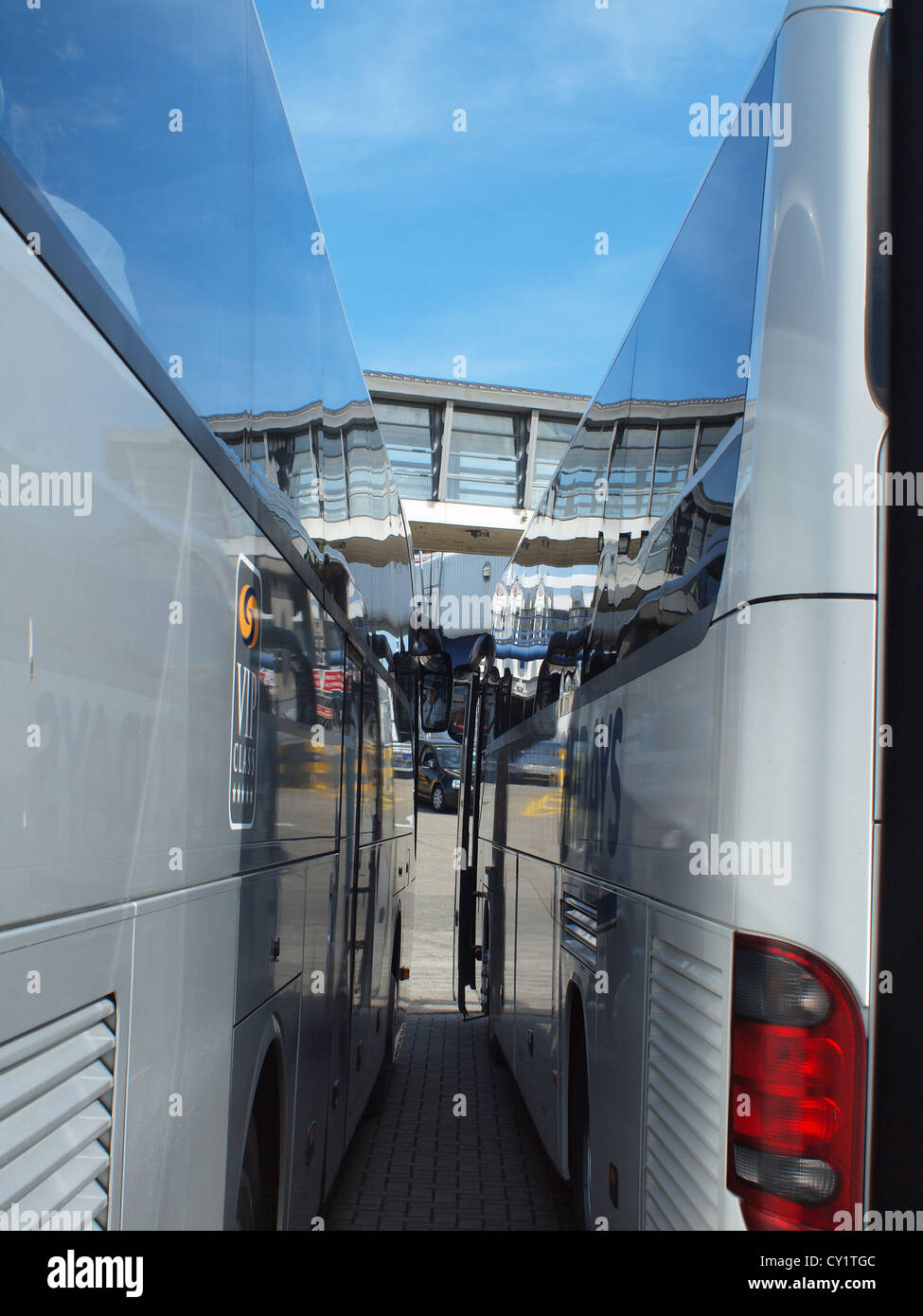 Tour Buses waiting to board the Sea-Cat ferry service at Dun-Laoghaire ...
