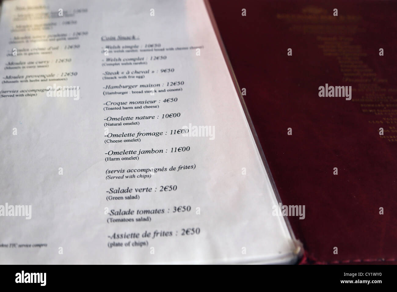 Calais France Close Up Of Menu In Restaurant Stock Photo - Alamy