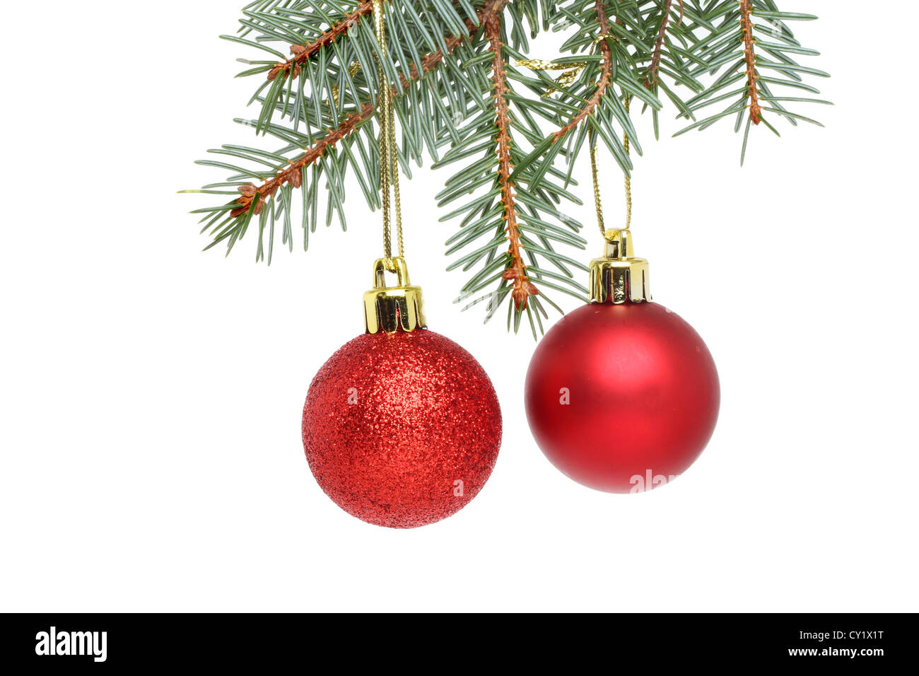 Two red Christmas baubles hanging from a branch of a Christmas tree ...