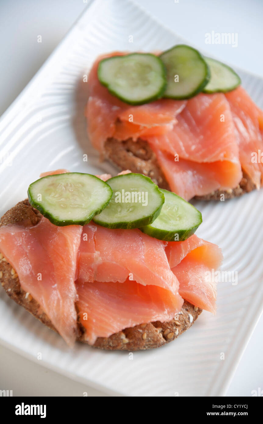 Pink Salmon Sandwich with cucumber Stock Photo - Alamy