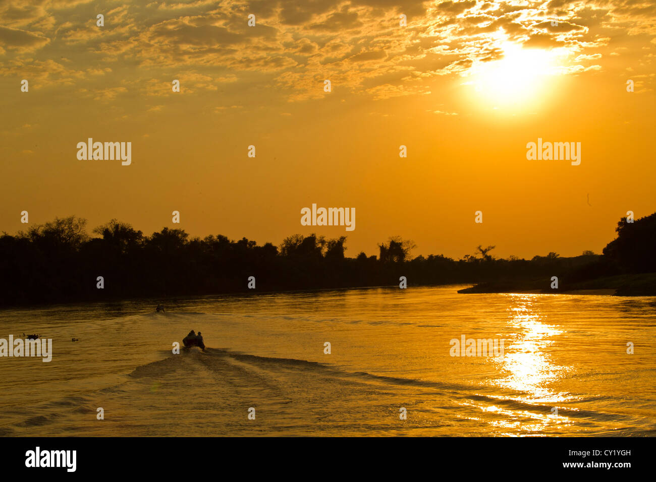 Boat heading up the Cuiaba River, Pantanal , Brazil Stock Photo - Alamy