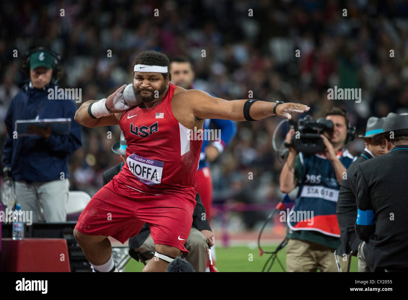 Reese Hoffa (USA) competing in the men's shot put at the Olympic Summer ...