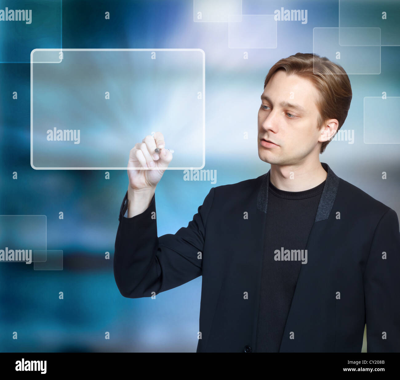 Man pressing modern virtual touch screen buttons with a blue background ...